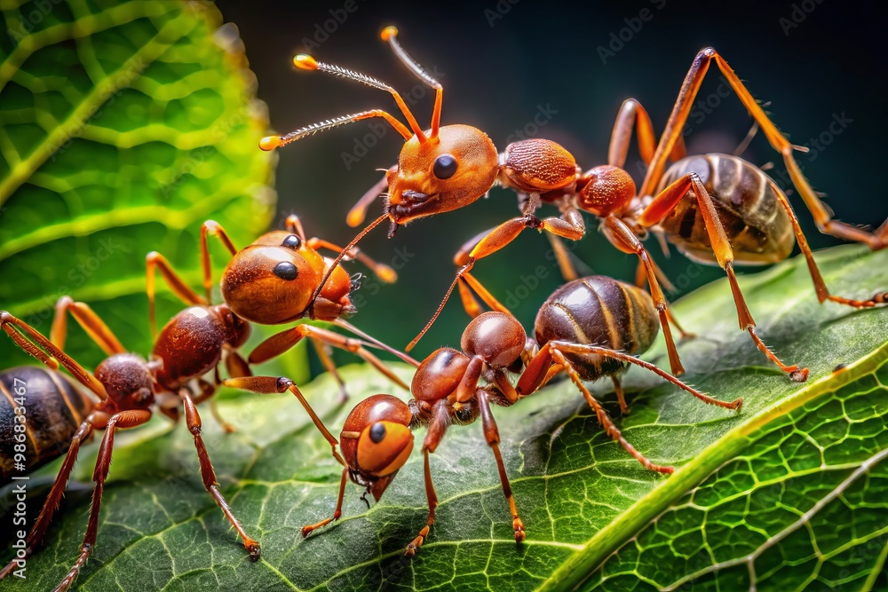 Tiny ants crawl in tandem, their exoskeletons glistening in the ...