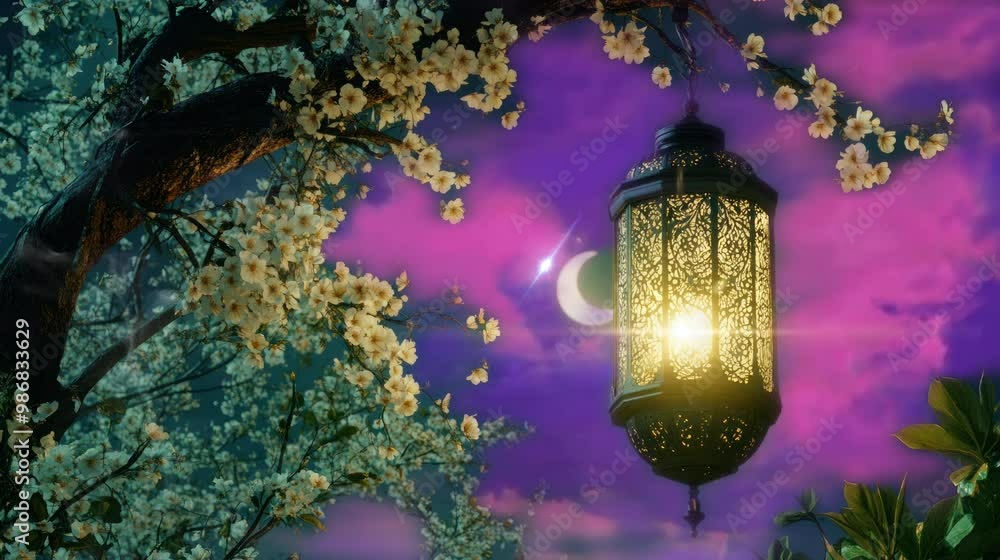 a lantern that lights up beautifully at night. seamless looping time-lapse virtual 4k video ...