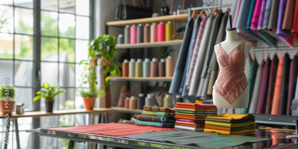 Elegant fashion designer studio with stylish mannequins, vibrant fabric ...