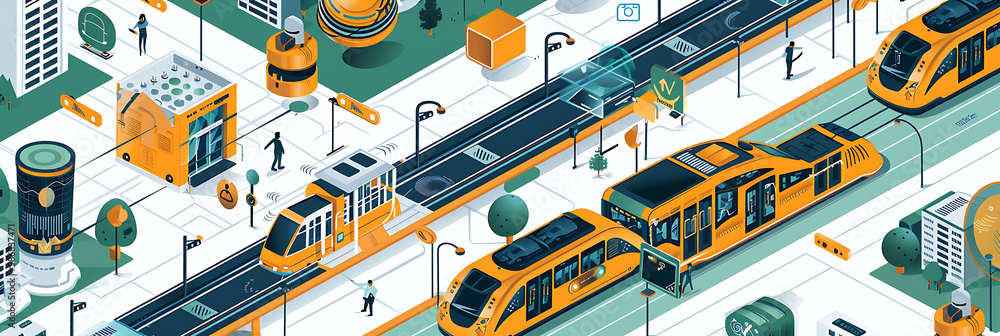 Vector illustration of AI autonomous public transit within public ...