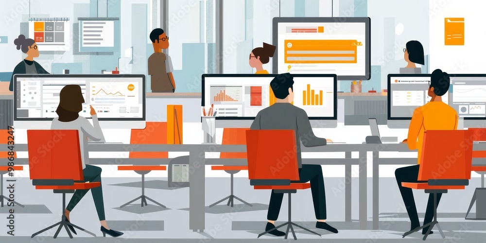 Office environment depicting a team working together on a project, with ...