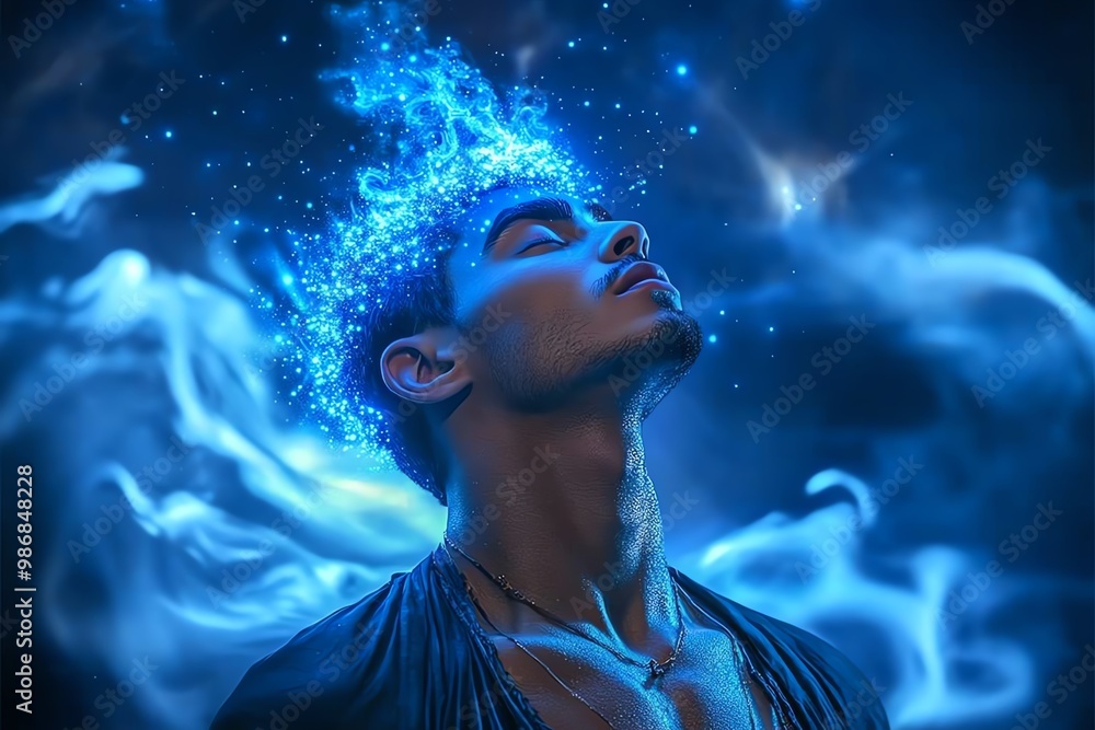 Morpheus with a crown of blue stardust, the midnight sky swirling ...