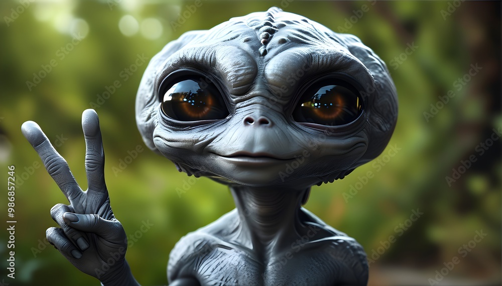 Friendly grey alien making peace gesture, spreading a message of ...