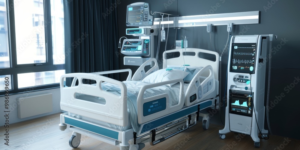 Life support machine setup beside a hospital bed, including a ...
