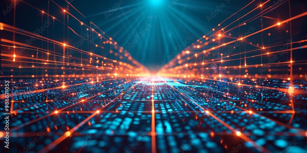 A sleek digital roadmap visualized as a radiant grid with ...