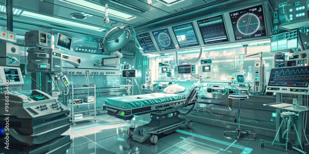 High-tech hospital room with life support machines and ventilators ...