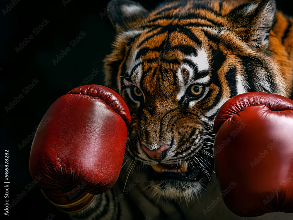 photo of a fierce tiger with boxing gloves in an aggressive stance ...