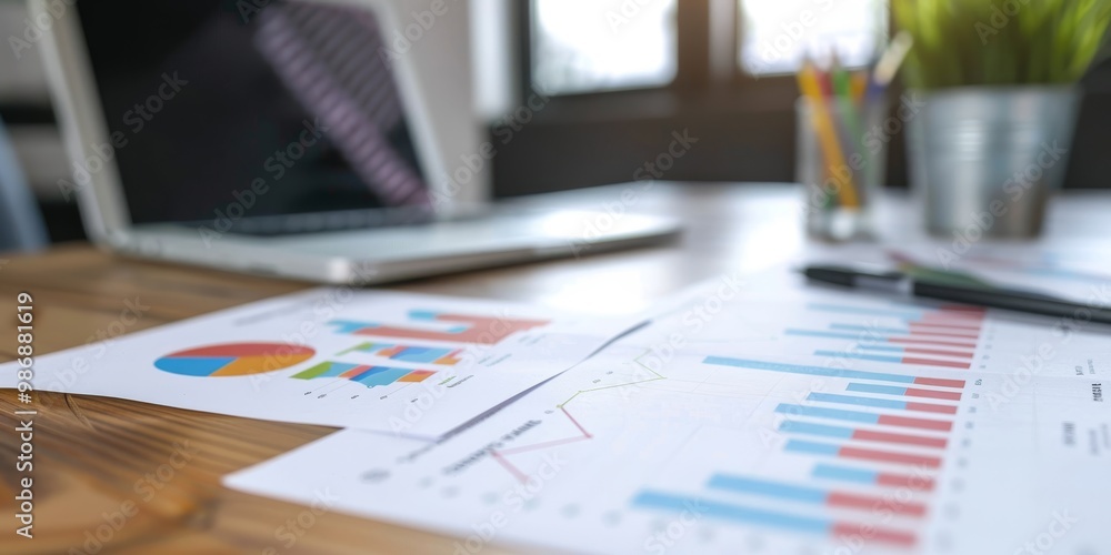 A desk with portfolio analysis documents, including trend graphs and ...