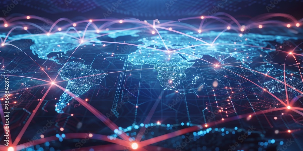 Digital representation of a WAN symbol bridging continents, with bright ...