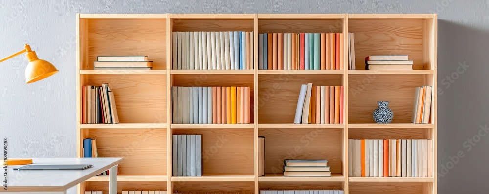 Pine wood bookshelf in a home office, organized space, filled with ...