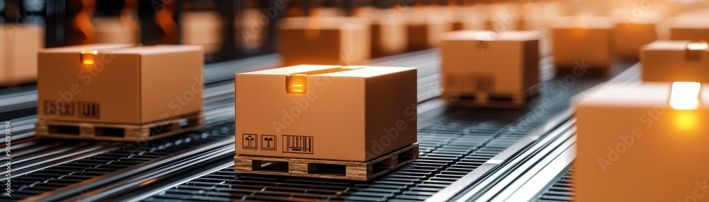 Automated sorting system with glowing packages on conveyor belt ...