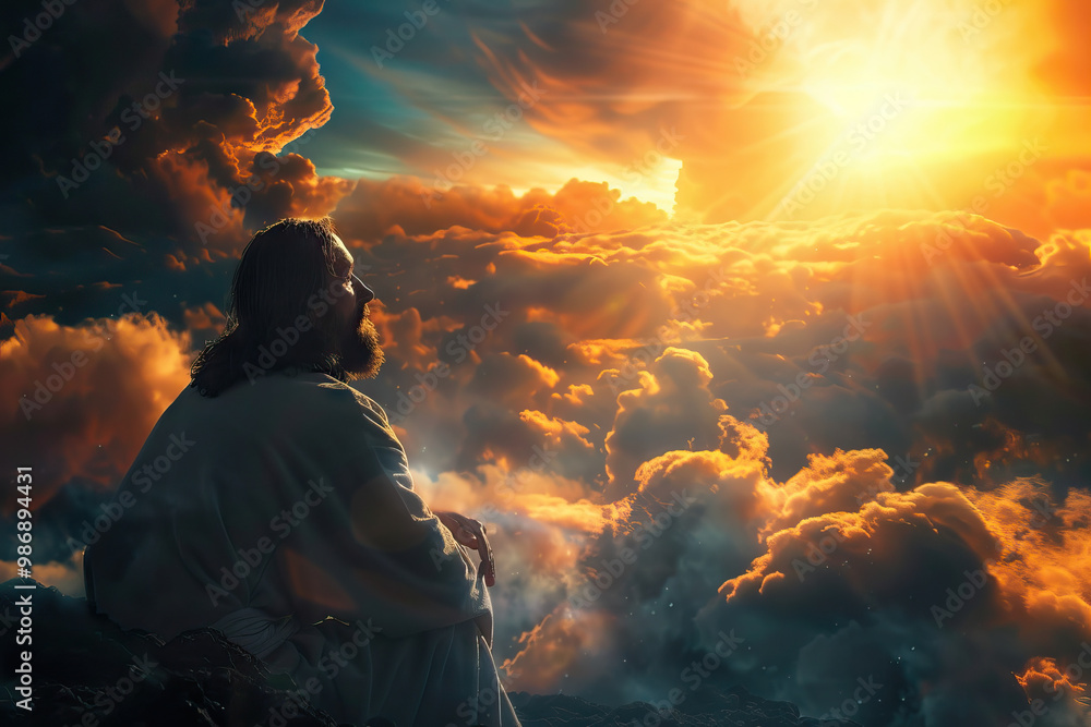 Majestic image of Jesus Christ ascending through dramatic clouds with ...