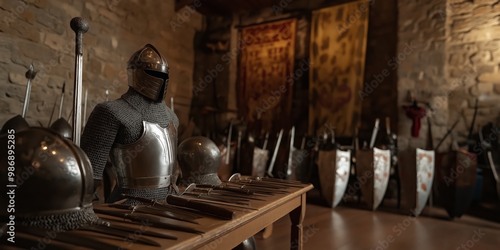 Medieval armory display showcasing helmets, chainmail, and swords ...