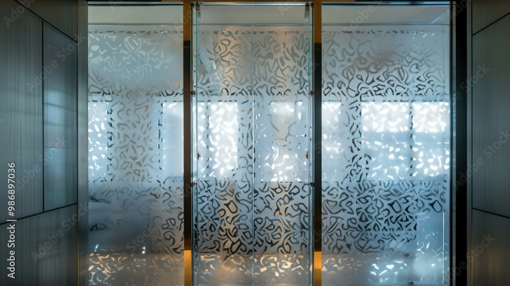 Frosted glass partition with intricate patterns, used as a room divider ...