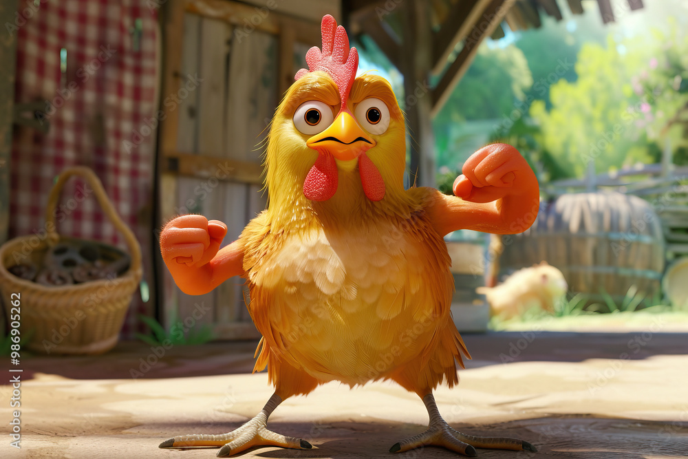 Animated chicken flexing its muscles in a barnyard, exuding confidence ...