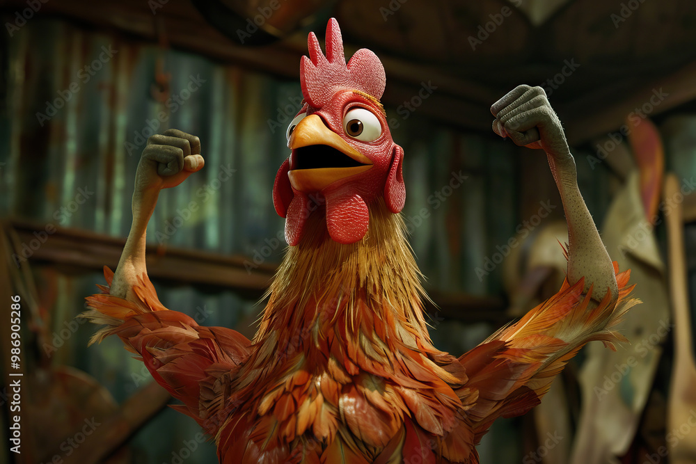 Cartoon chicken showing off its muscles by flexing in a comedic scene ...