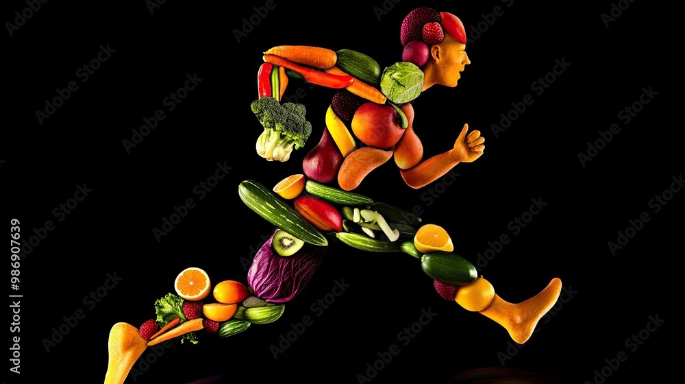 Fruit and Vegetable Man Running: A vibrant digital art of a man made of ...