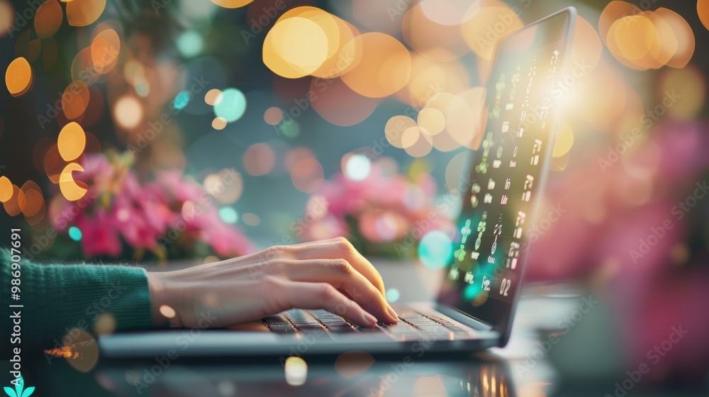 A close-up of a person typing on a laptop keyboard, focusing on ...