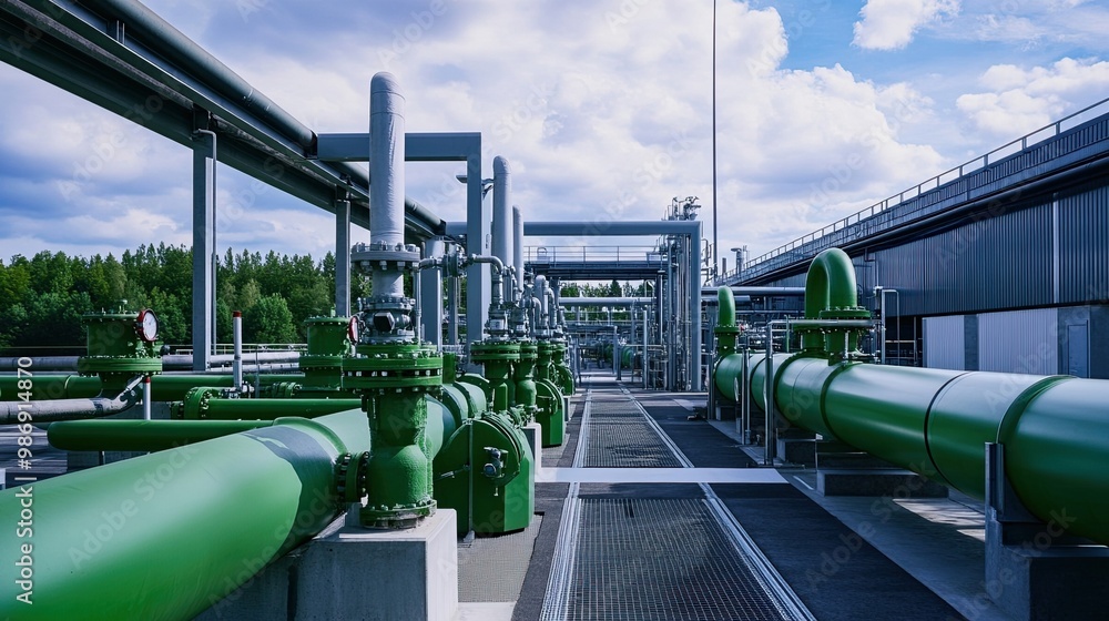 Green Hydrogen Pipelines in Facility: Modern green hydrogen pipelines within a facility ...