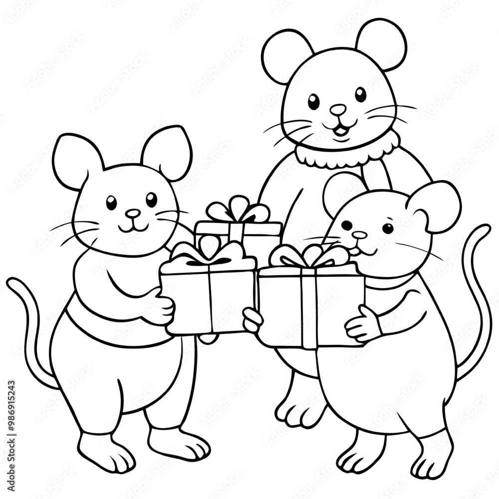 Three Mice with Gifts: Black and white illustration of three adorable ...