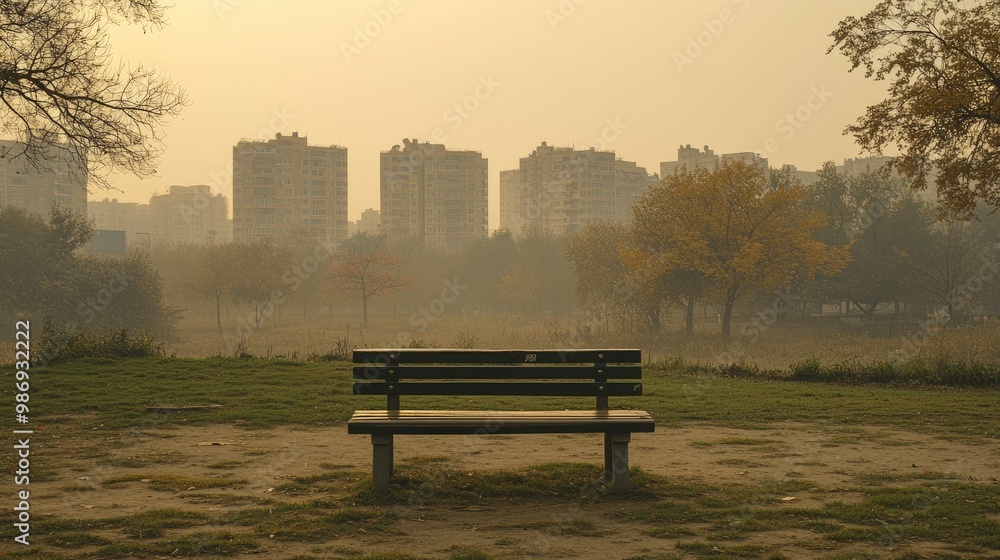 A park bench covered in a layer of dust from the polluted air, with the ...