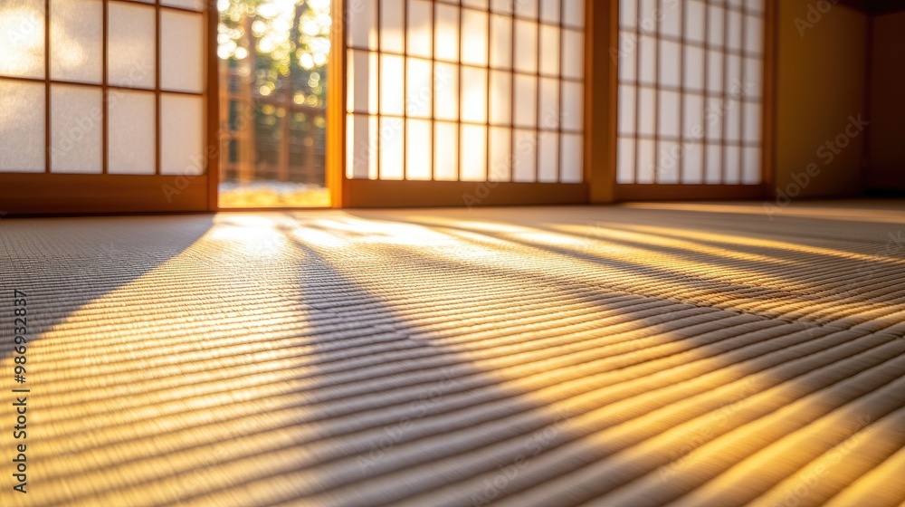 A close-up of the traditional Japanese tatami mat flooring, with ...
