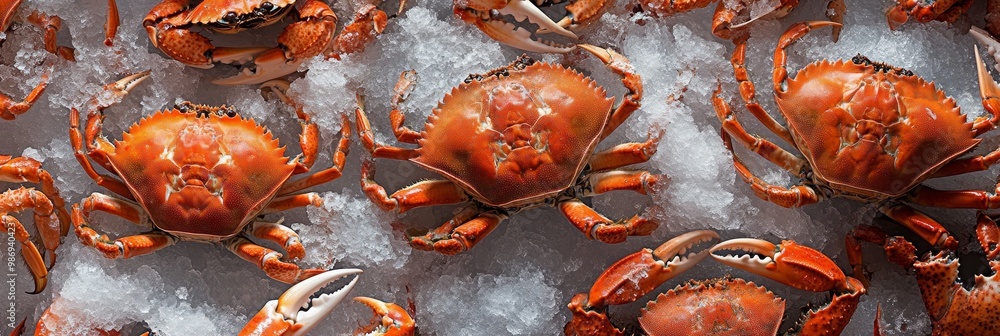 A pile of freshly caught crabs, arranged on a bed of ice, showcasing ...