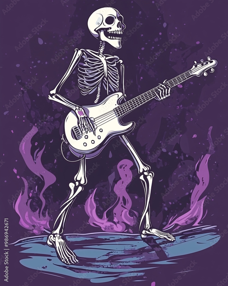 skeleton playing on electric guitar, Skull in the fire, A band of ...