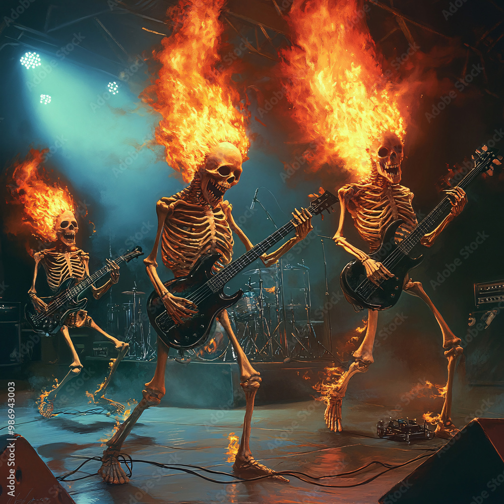 skeleton playing on electric guitar, Skull in the fire, A band of ...