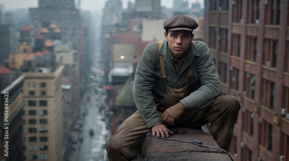 A young man in work attire perches on the ledge of a rooftop, gazing ...