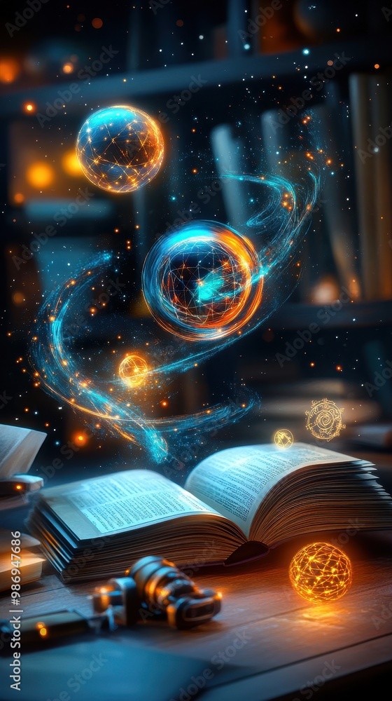 Magical library with floating books, glowing orbs, and mystical symbols ...