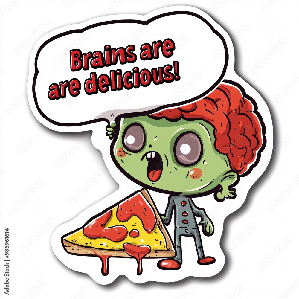 Funny zombie cartoon character holding pizza with text speech bubble ...