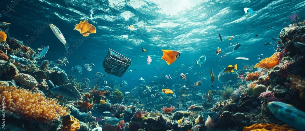 Ocean plastic debris floating amidst vibrant marine life symbolizing ...