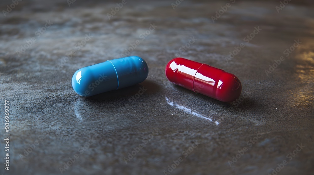 A visual depiction of a red pill and a blue pill placed side by side on ...