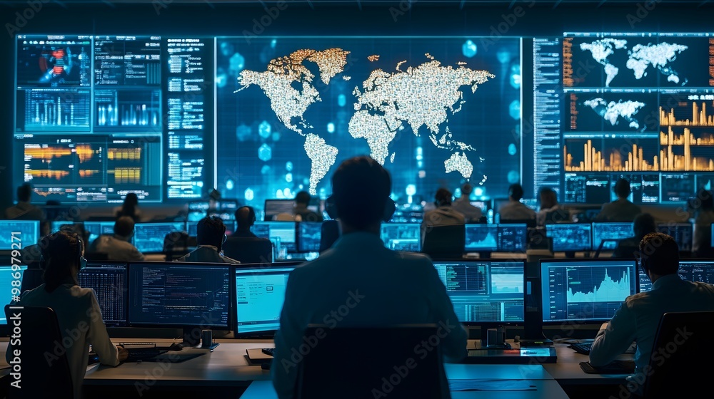 Security teams in a high-tech control room managing a cyber attack ...