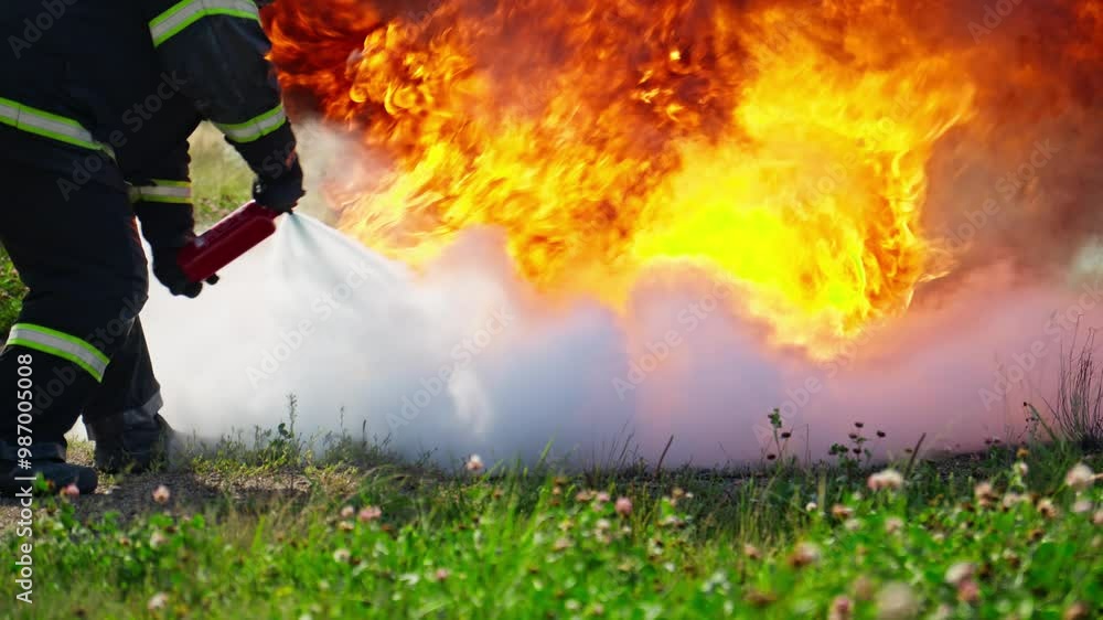 Firefighter extinguishes flames using fire extinguisher in controlled ...