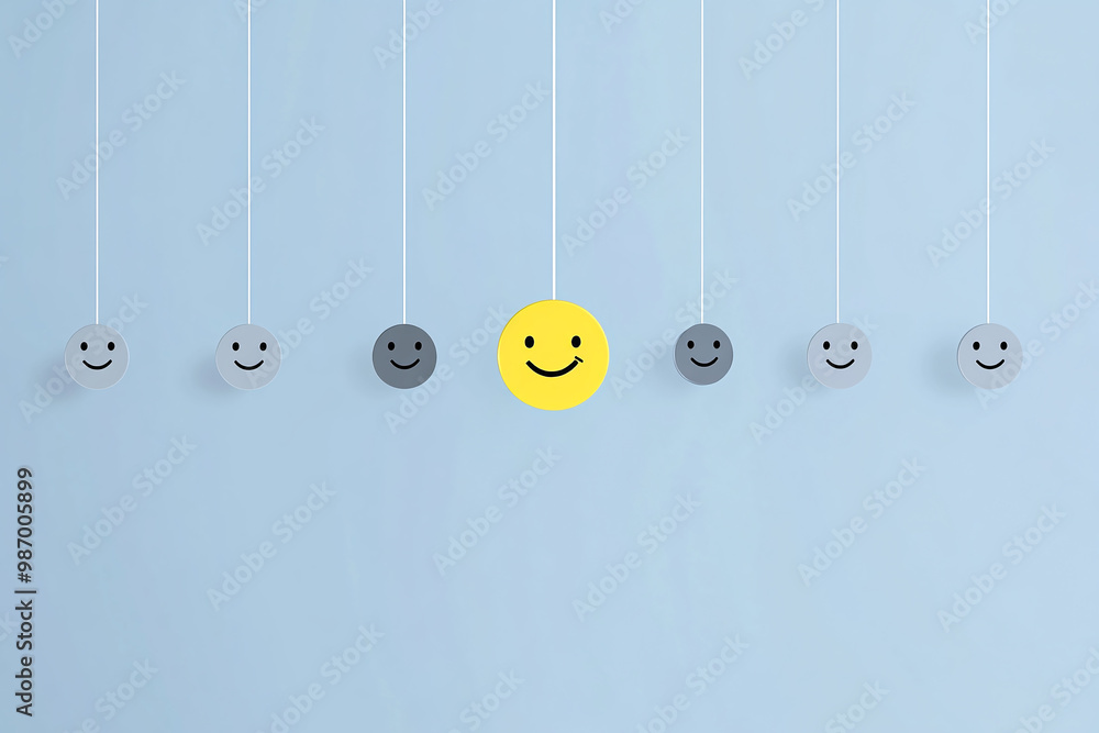 Emotions. Gray and happy yellow smileys hanging on threads. Blue ...