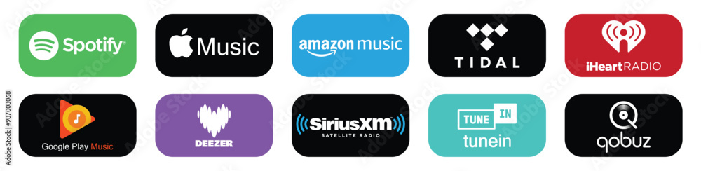 Popular Music streaming service listen on badges set. Flat design ...