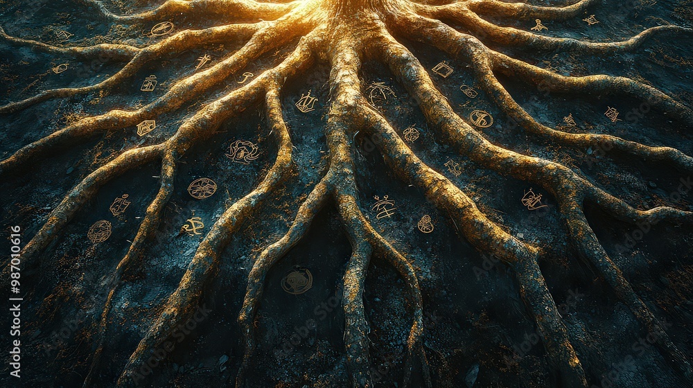 Intricate tree roots extending in various directions, decorated with ...