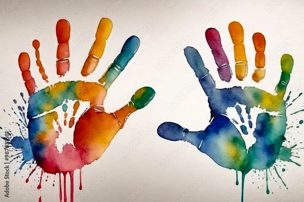 Baby handprint with watercolor on white wall background. Works of child ...