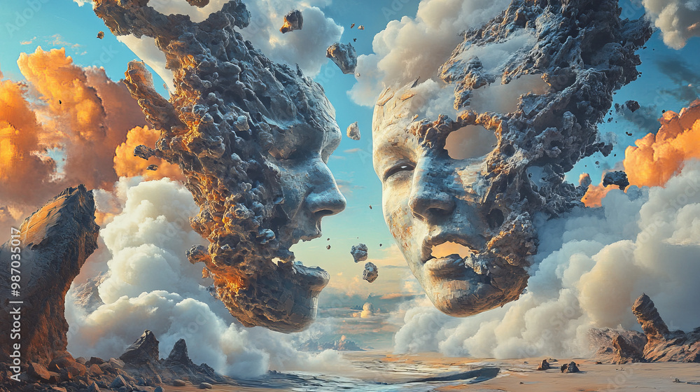 Two faces, similar to destroyed rocks, hang in front of each other in ...