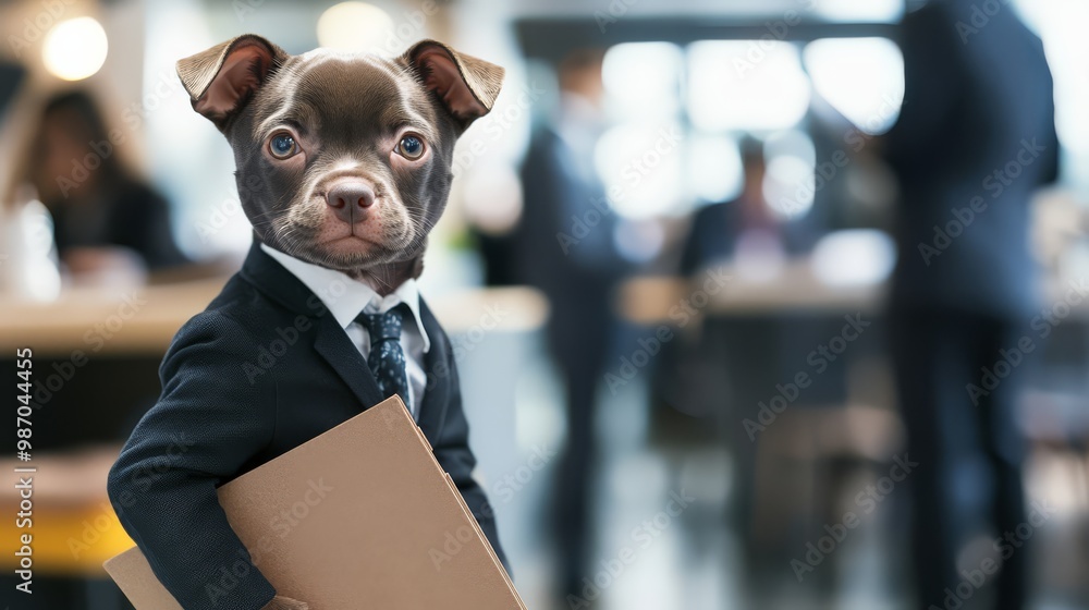 Business dog in a suit and tie holding a folder, portrayed in a busy ...