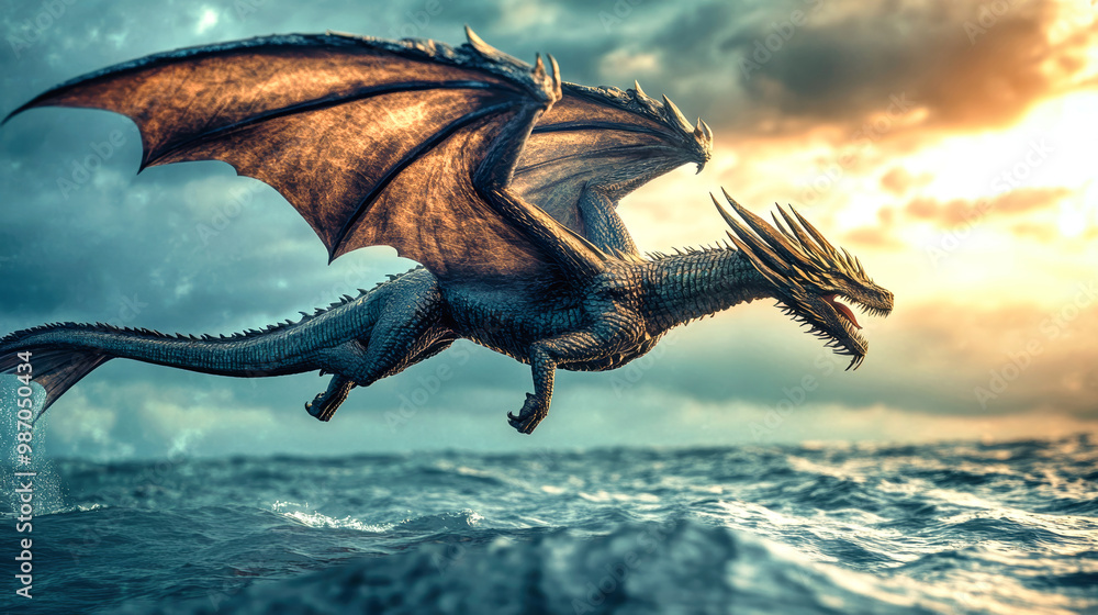 A magnificent dragon glides over roaring ocean waves as sunset casts a ...