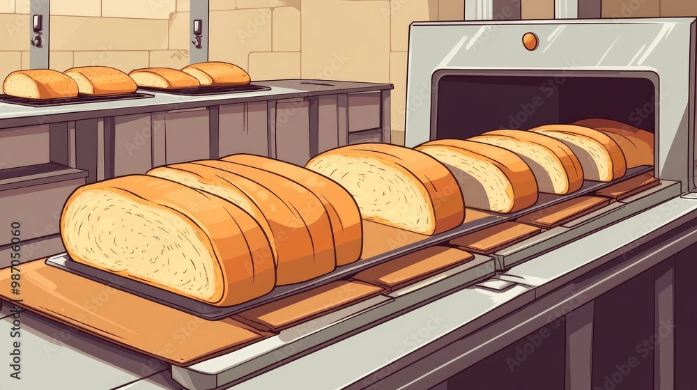 Commercial bakery cartoon drawing, showing the full production process ...