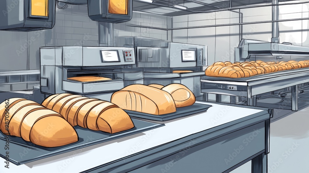 Commercial bakery cartoon drawing, showing the full production process ...