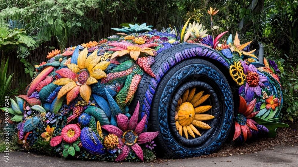 Car tire transformed into artistic creations, showcasing creative ...