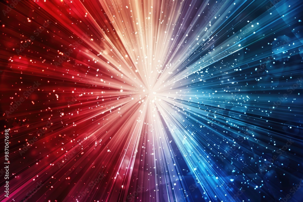 Abstract background with rays of light in red, white and blue colors ...