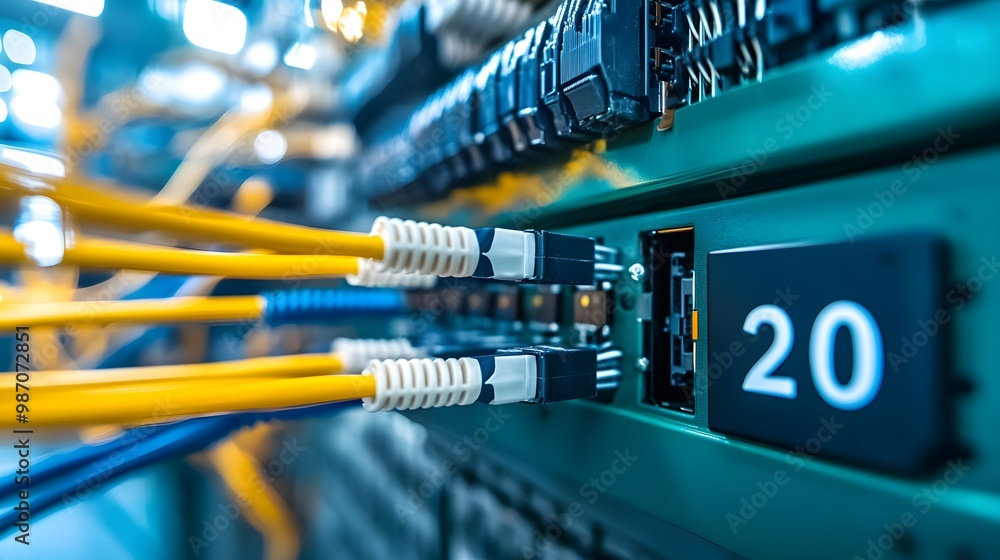 A close-up of the green, flat, horizontal fiber optic cables laid out ...