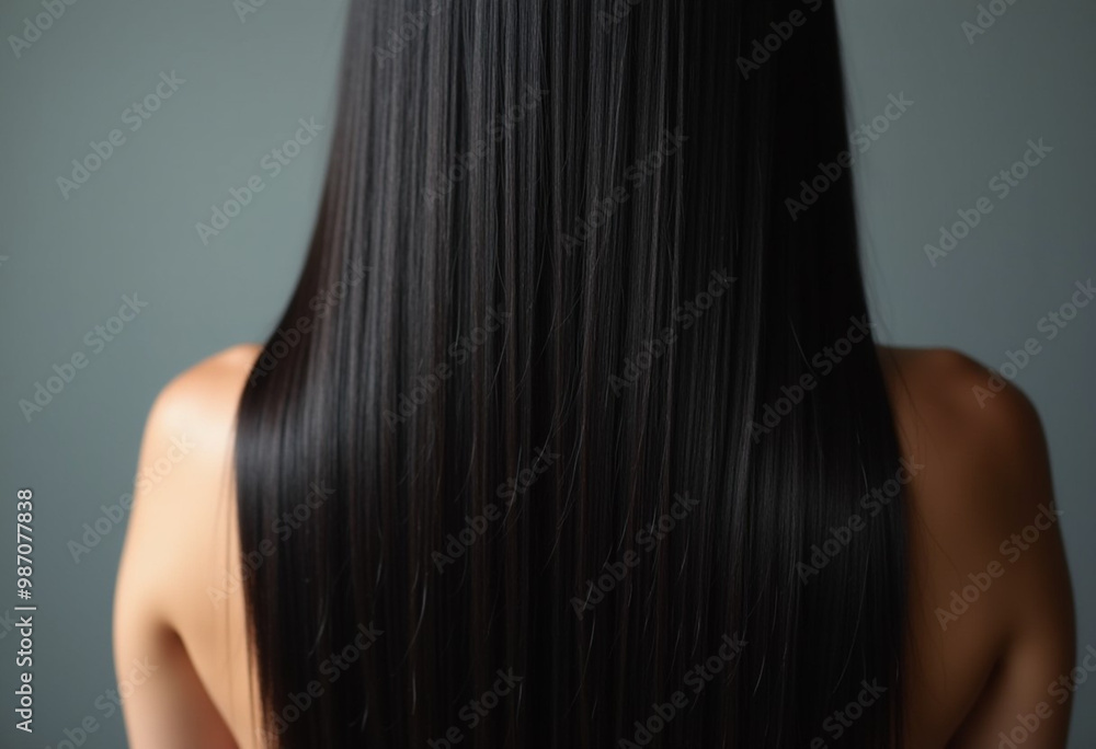 Smooth, straight black hair flows elegantly down back, highlighting its ...