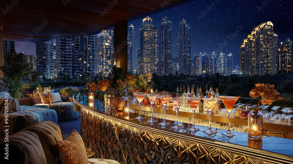 Elegant rooftop bar scene at night with cocktails, stunning city ...